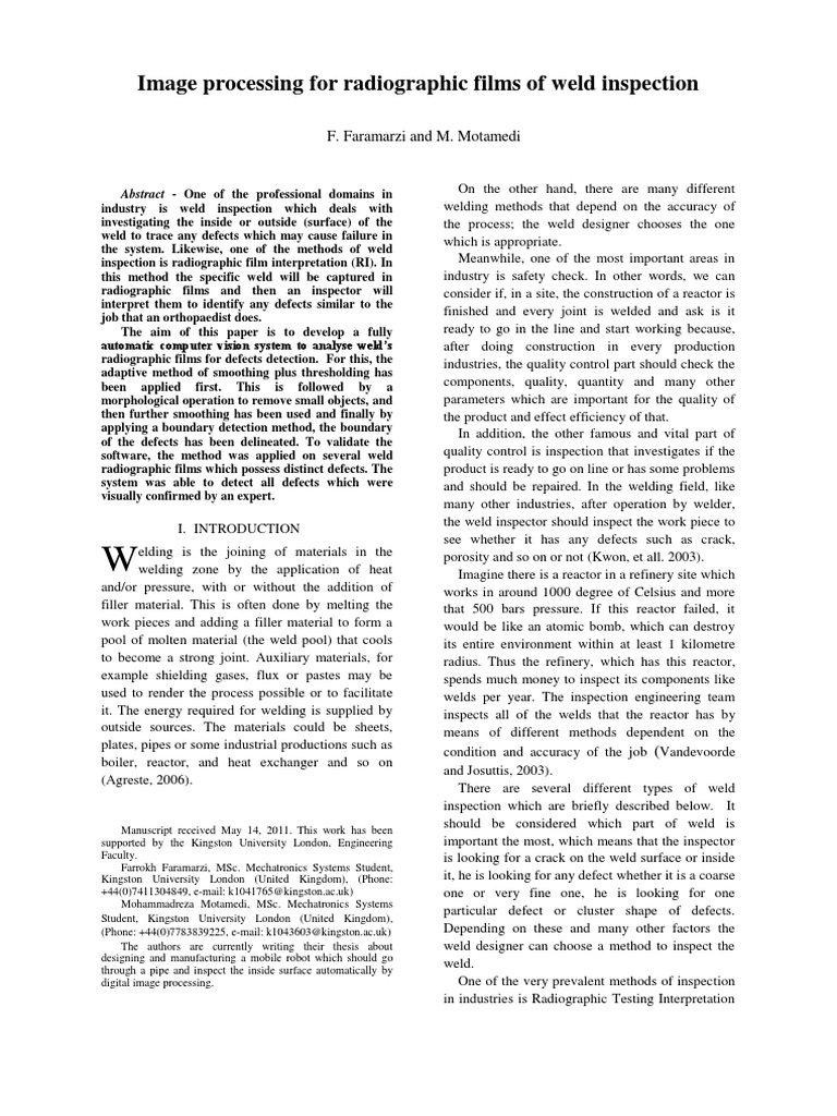 Image Processing For Radiographic Films of Weld Inspection | PDF ...