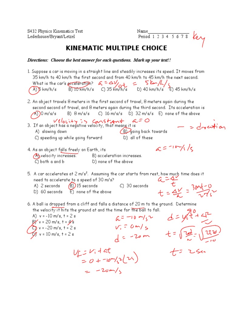 Kinematic Test Key 09 W Probs | PDF | Acceleration | Speed