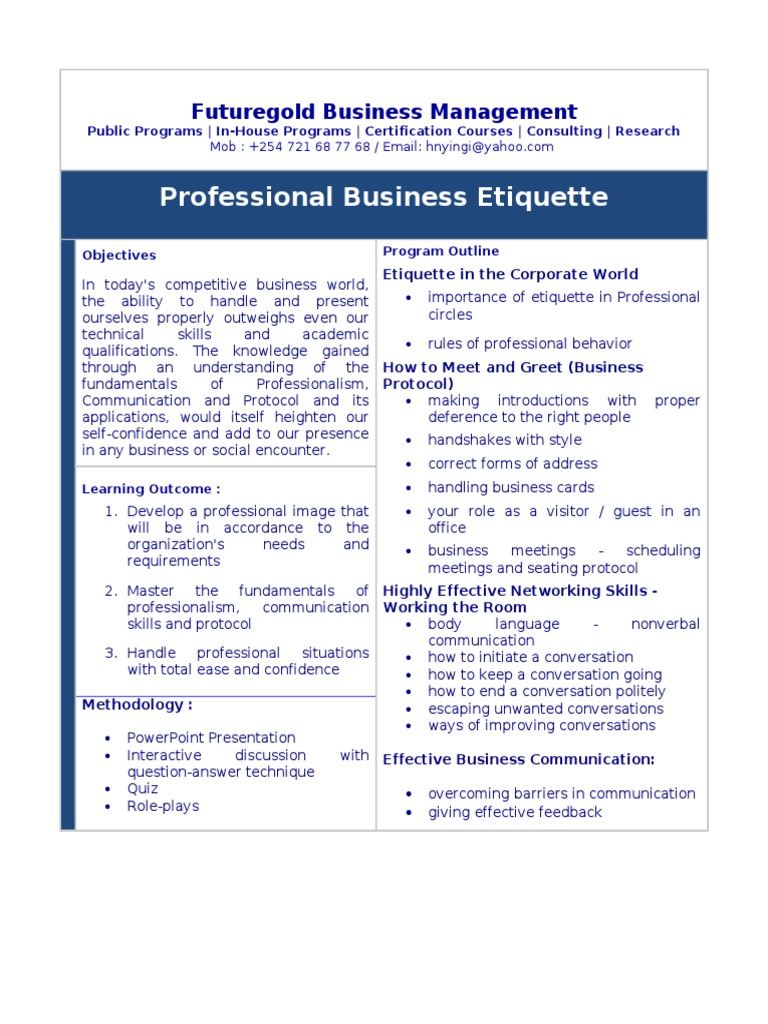Professional Business Etiquette | PDF | Etiquette | Facilitator