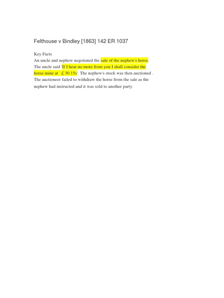 Felthouse V Bindley (1863) 142 ER 1037 | PDF