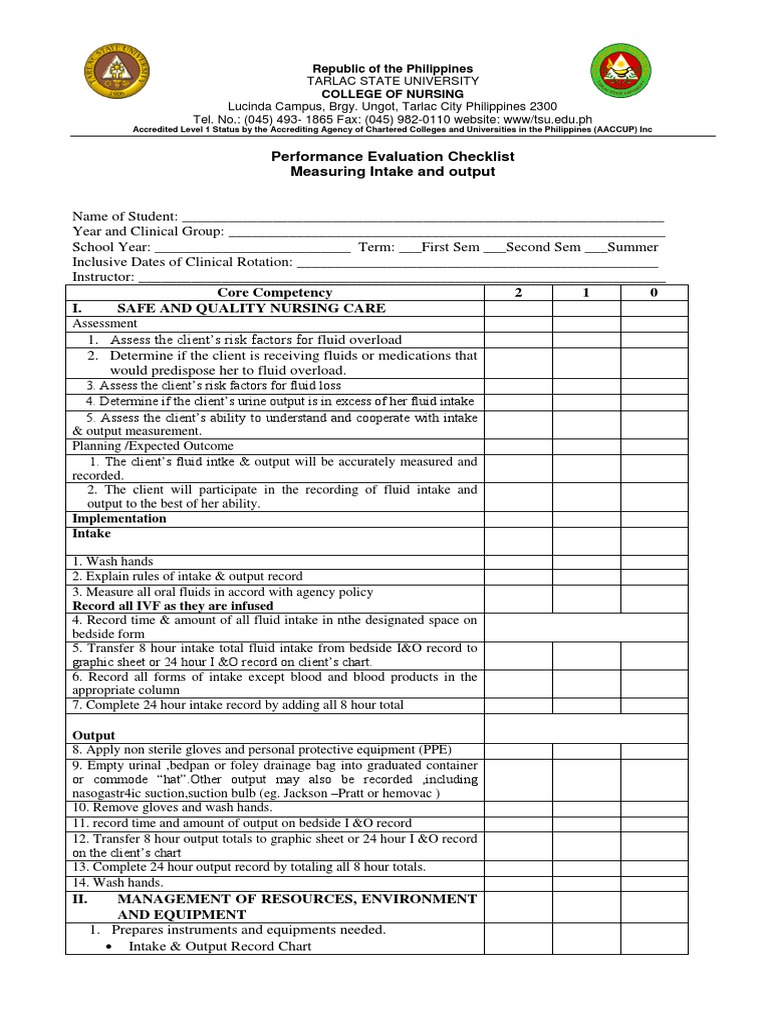Measuring Intake & Output Checklist | Calibration | Personal Protective ...