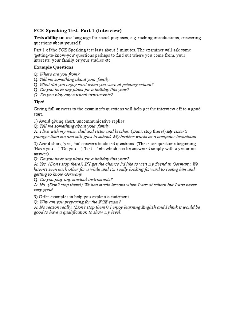 FCE Speaking Test: Part 1 (Interview) | PDF
