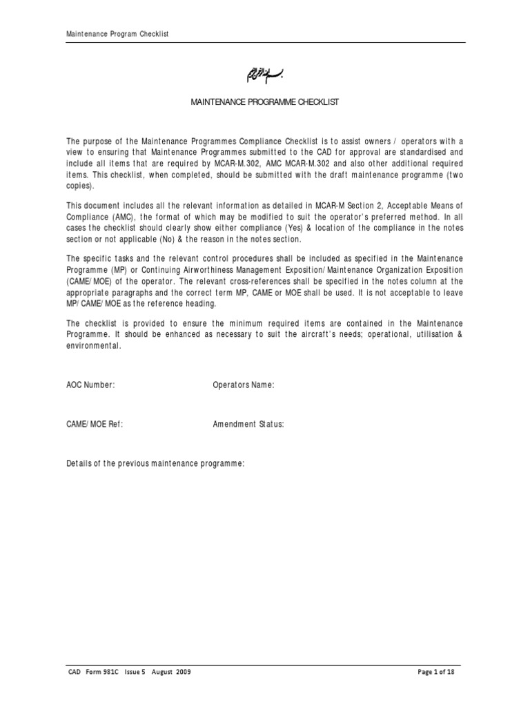 Maintenance Programme Checklist | PDF | Reliability Engineering | Aircraft