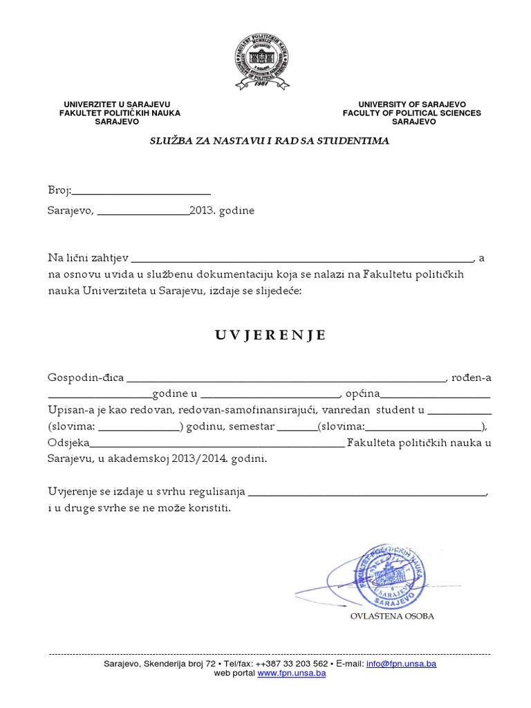 Potvrda o Studiranju Sa Pecatom | PDF