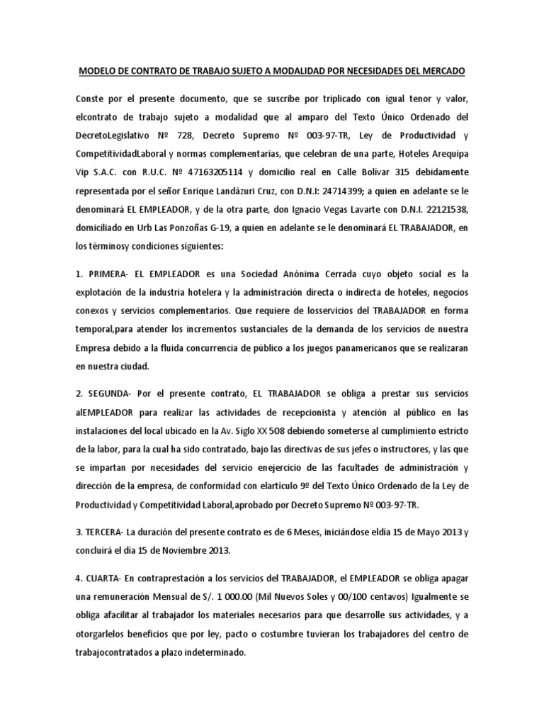 Contrato de Trabajo Sujeto A Modalidad Por Necesidades Del Mercado | Descargar gratis PDF ...
