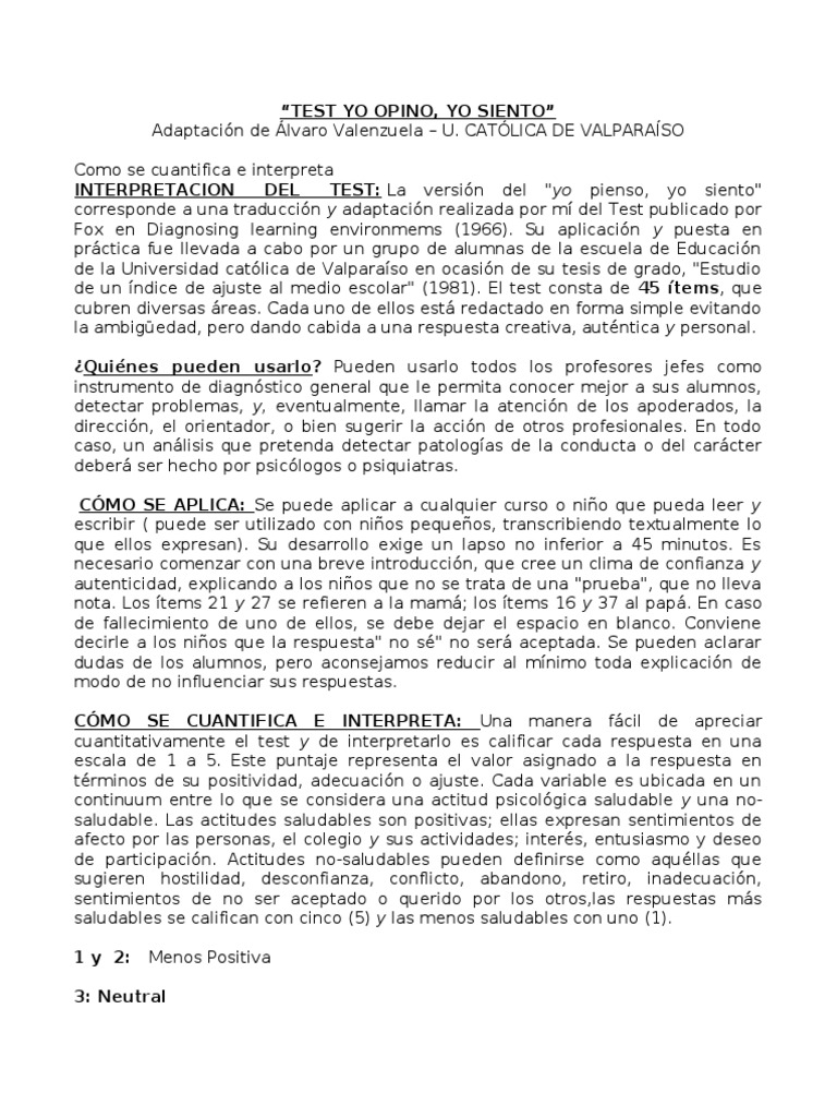 Yo Pienso, Yo Siento TEST Y PROTOCOLO | PDF