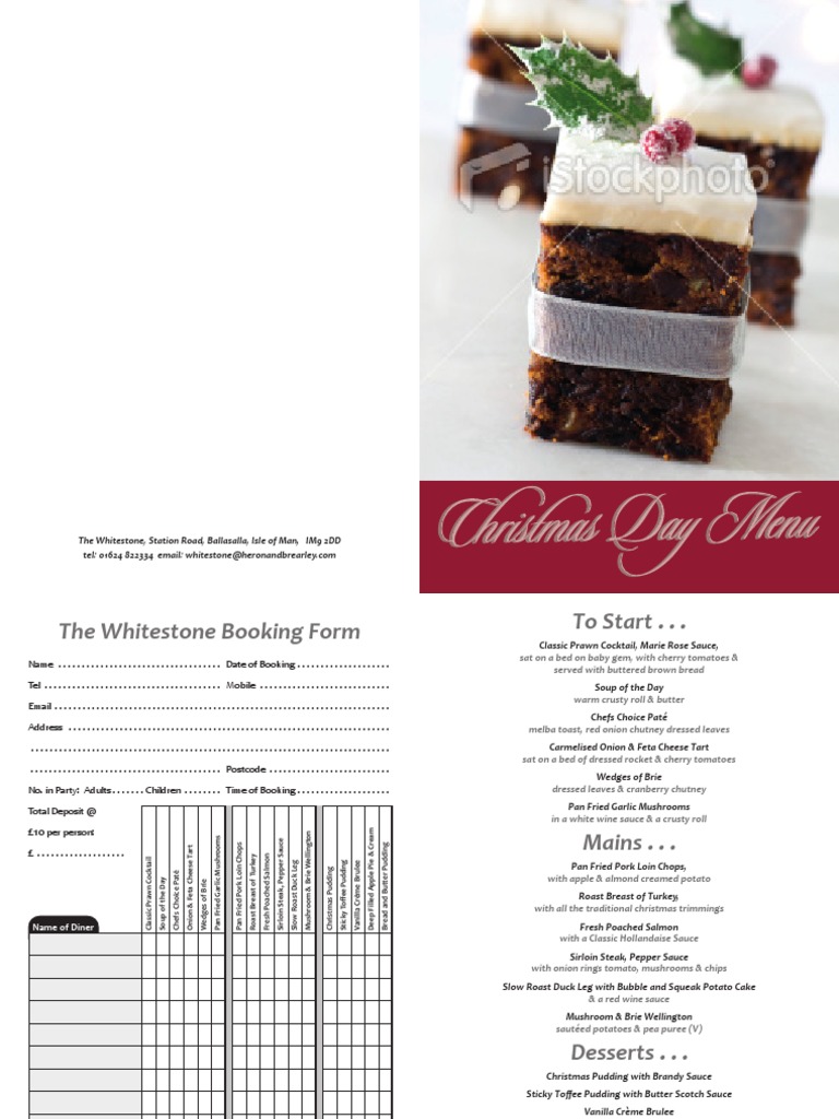 Whitestone Christmas Day Menu | PDF | Pudding | Sauce
