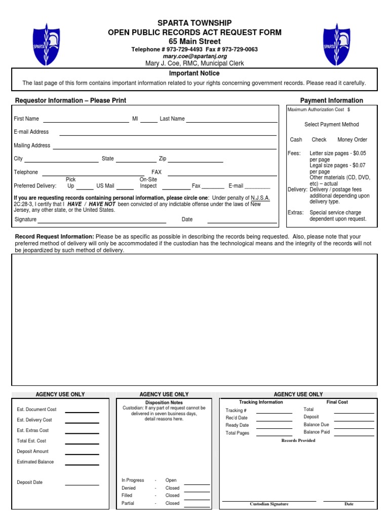 Sparta OPRA Request Form | PDF | Discovery (Law) | Computer Security