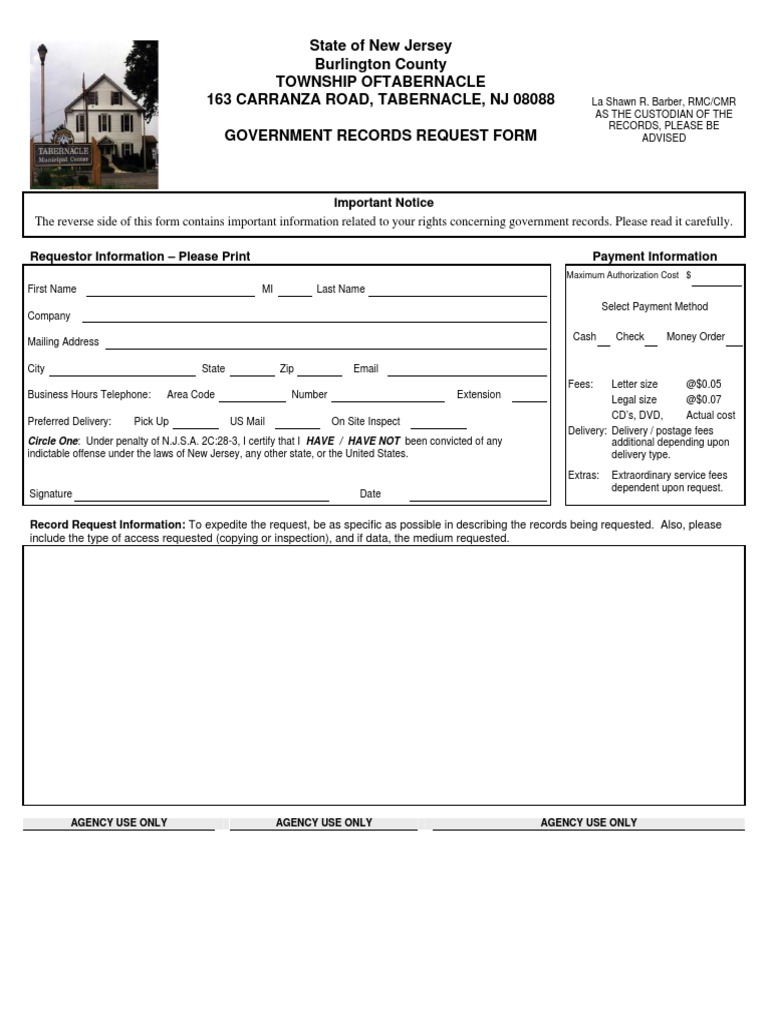 Tabernacle OPRA Request Form | PDF | Cheque | Mail