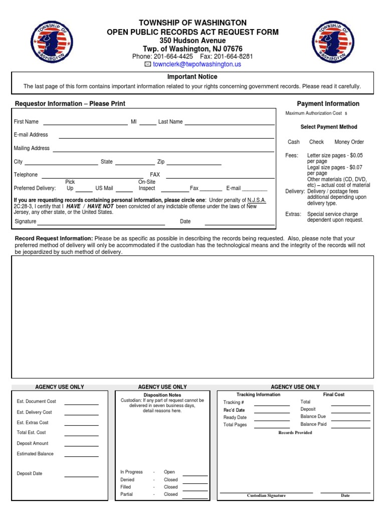 Washington OPRA Request Form | PDF | Discovery (Law) | Computer Security