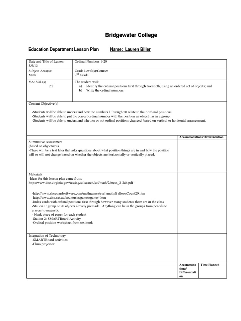 2nd Grade - Ordinal Numbers 1-20 Lesson Plan | PDF | Lesson Plan | Learning