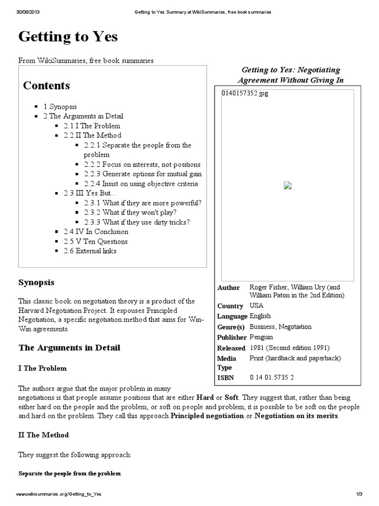 Getting To Yes Summary at WikiSummaries, Free Book Summaries | PDF ...