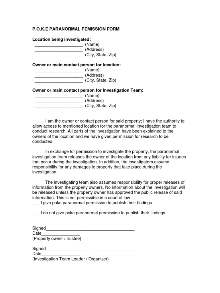 P.O.K.E. Paranormal Permission Form | PDF | Social Science