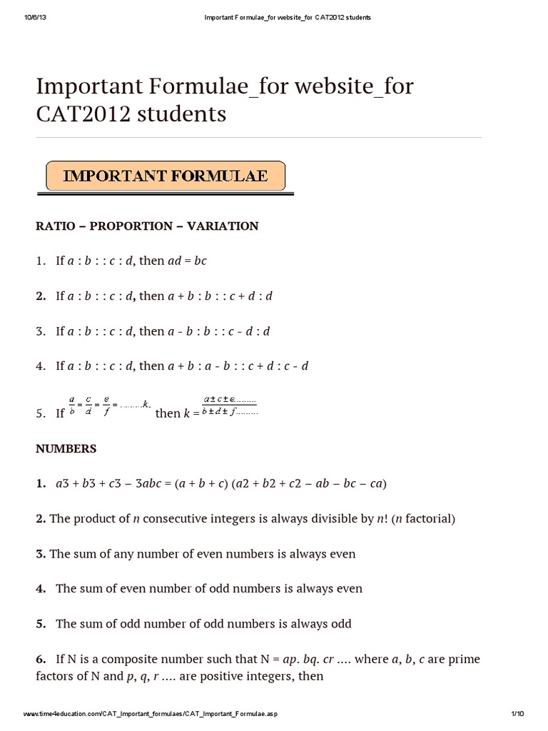 Important Formulae For CAT | PDF | Quadratic Equation | Triangle