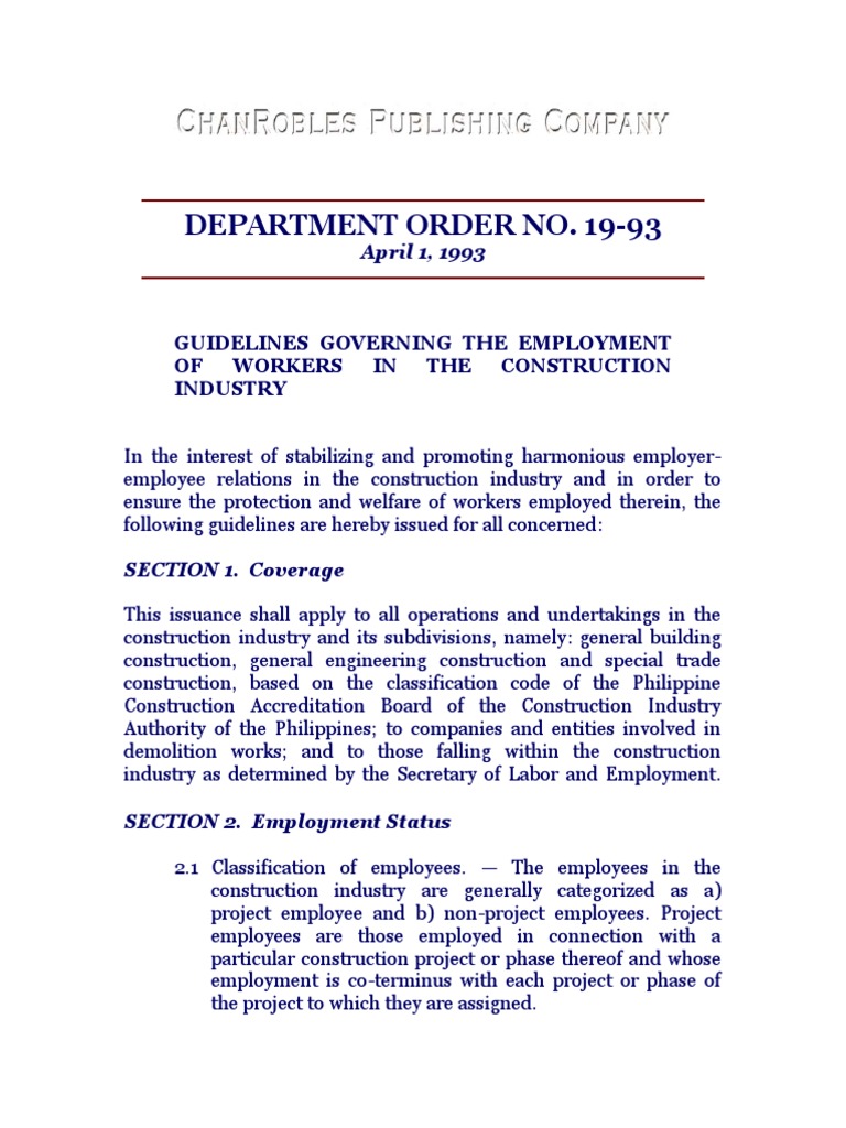 Department Order No. 19-93, April 1, 1993 | PDF | Trade Union | Employment