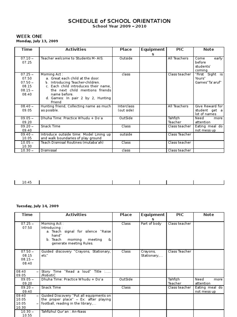 School Orientation Schedule 2009-2010 | PDF | Teachers