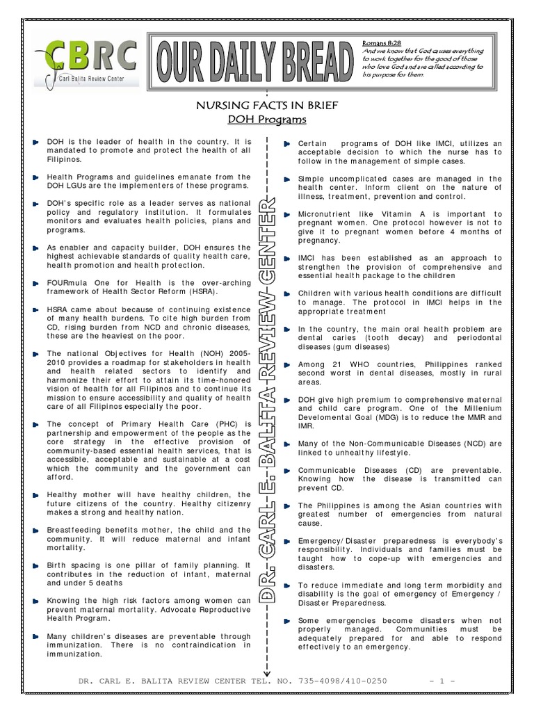 Nursing Facts in Brief DOH Programs | PDF | Mental Health | Maternal Death