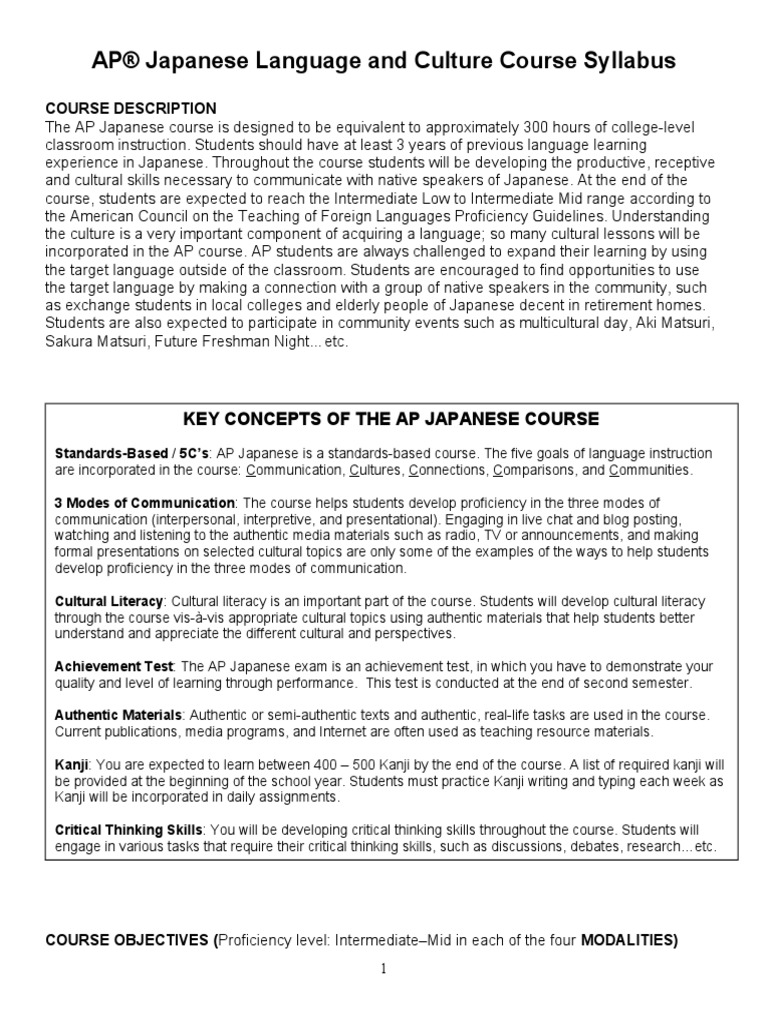 AP Japanese Language and Culture Course Syllabus | Reading ...