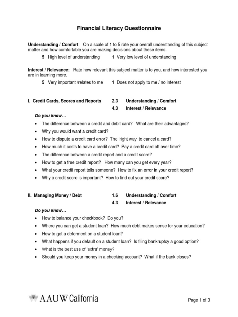 Financial Literacy Questionaire | PDF | Credit History | Credit (Finance)