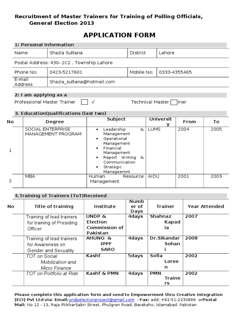 Application Form: Recruitment of Master Trainers For Training of ...