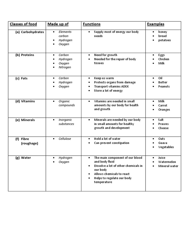Classes of Food Made Up of Functions Examples: (A) Carbohydrates | PDF