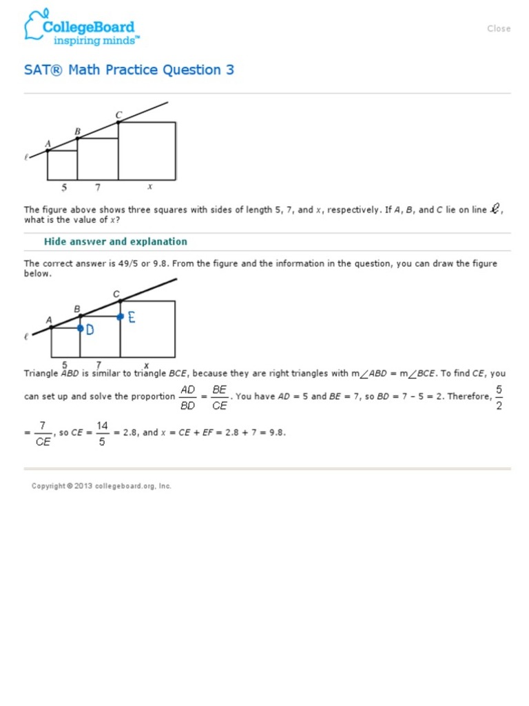 SAT® Math Practice Question 3: Hide Answer and Explanation | PDF