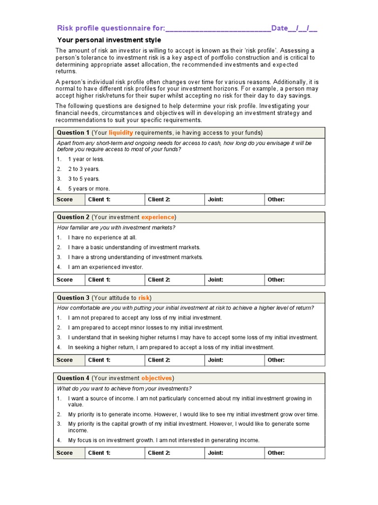 Risk Profile Questionnaire | Download Free PDF | Asset Allocation ...