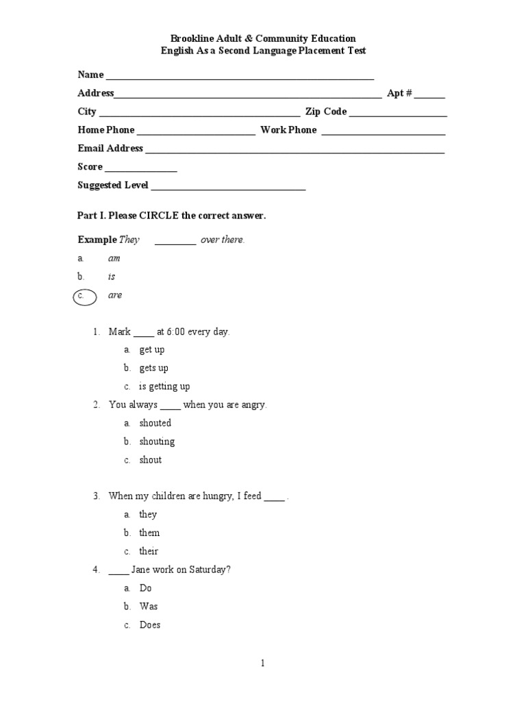 ESL Placement Test | PDF | English As A Second Or Foreign Language