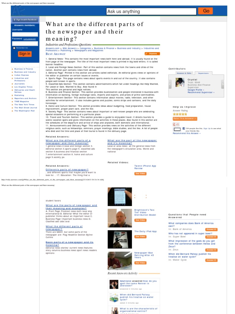 DIFFERENT PARTS OF A NEWSPAPER | Newspapers | News