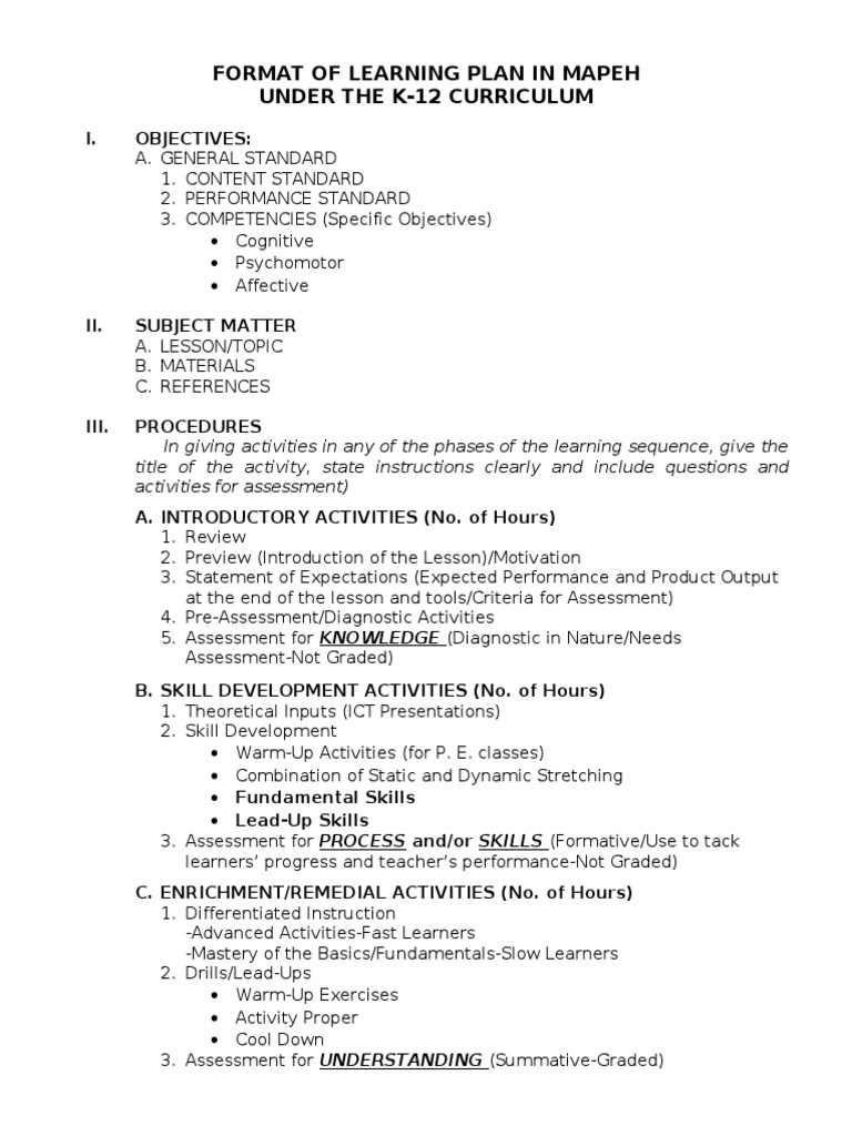 MAPEH Learning Plan Format Guide | PDF | Educational Assessment ...