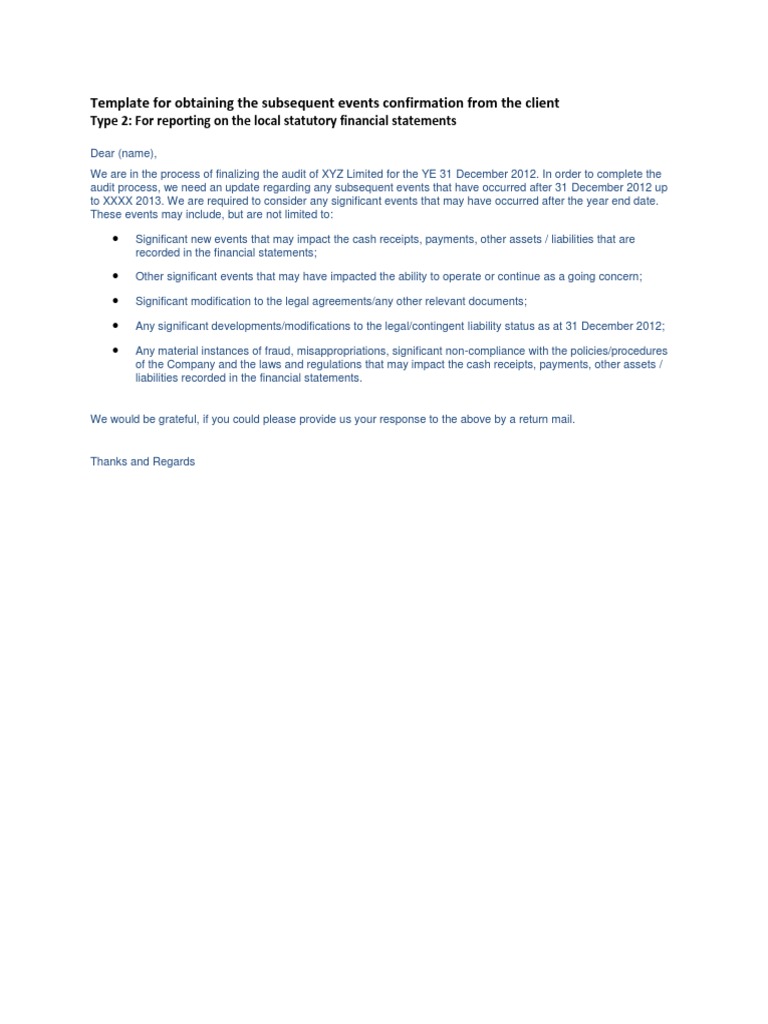 Subsequent Events Confirmation Template | PDF | Business