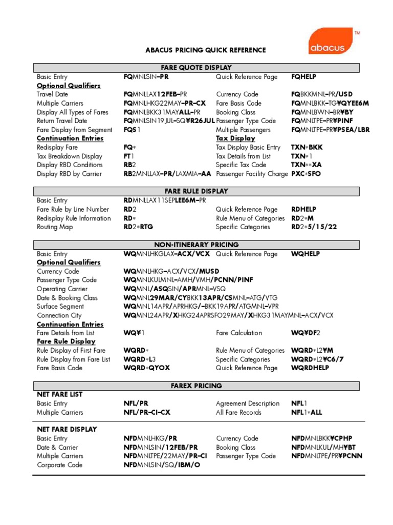 Abacus Fare & Ticketing Guide | PDF | Ticket (Admission) | Services ...