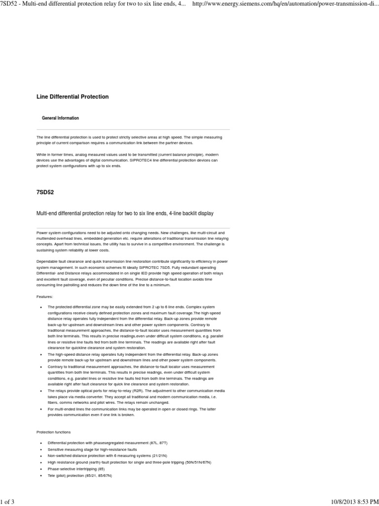 7SD52 - Multi-End Differential Protection Relay For Two To Six Line ...