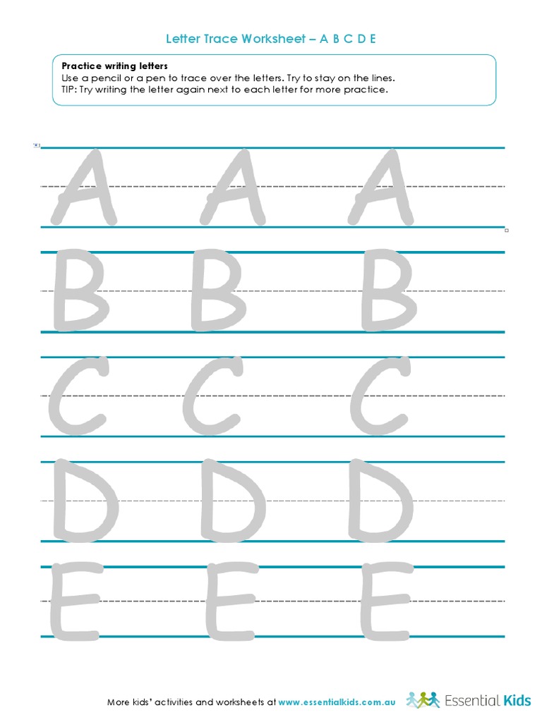 Letter Trace Worksheet - A B C D E | PDF