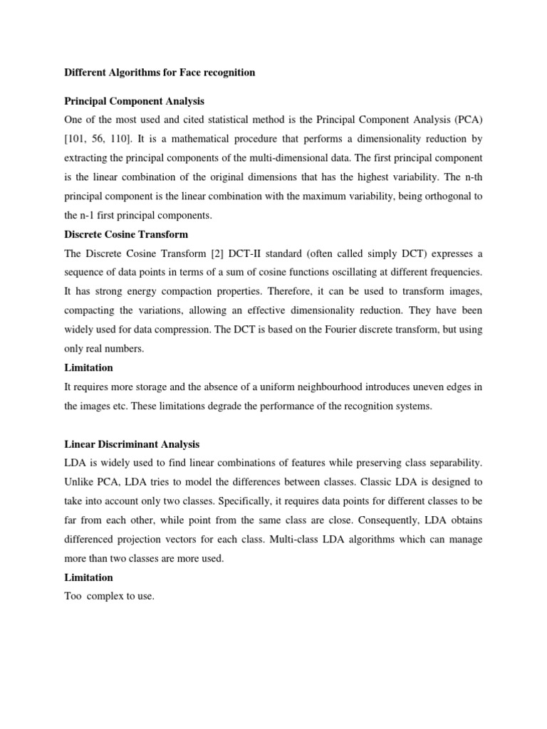 Different Algorithms For Face Recognition Pdf Principal Component Analysis Algorithms
