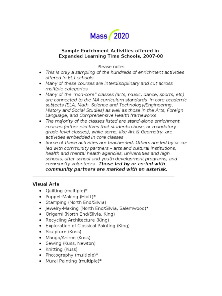Sample Enrichment Activities Offered in Expanded Learning Time Schools ...