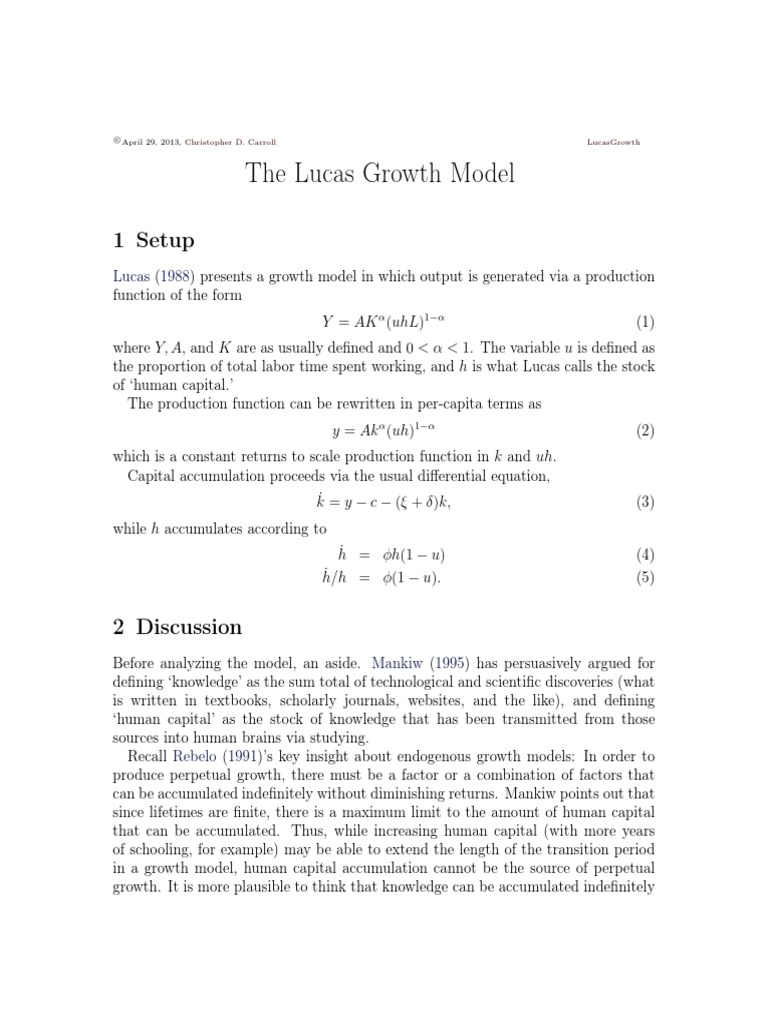 The Lucas Growth Model | PDF | Production Function | Economic Growth