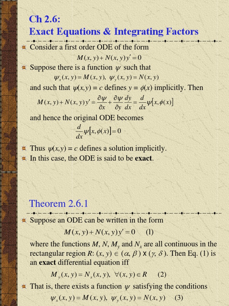 CH 2.6: Exact Equations & Integrating Factors: y y X N y X M | PDF | Ordinary Differential ...