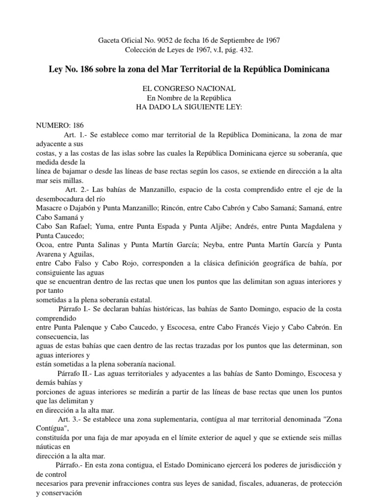 Ley No. 186 Sobre La Zona Del Mar Territorial de La República ...