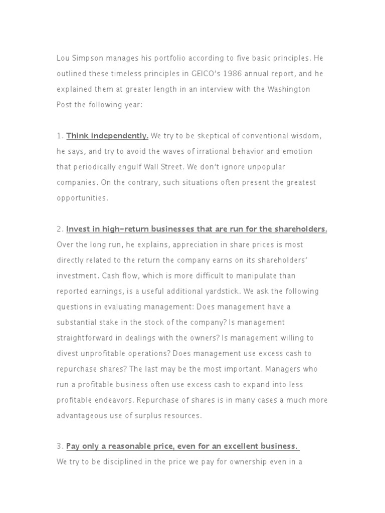 Lou Simpson 5 Investing Principles | PDF | Investor | Investing