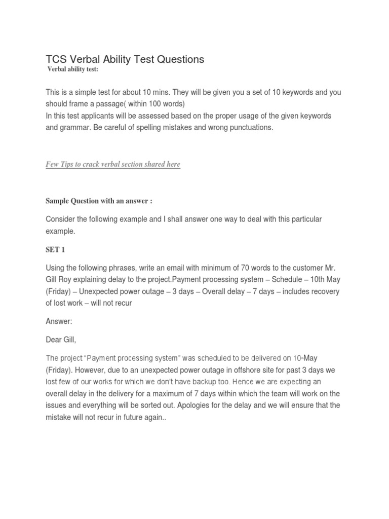 TCS Verbal Ability Test Questions | PDF | Working Time | Communication