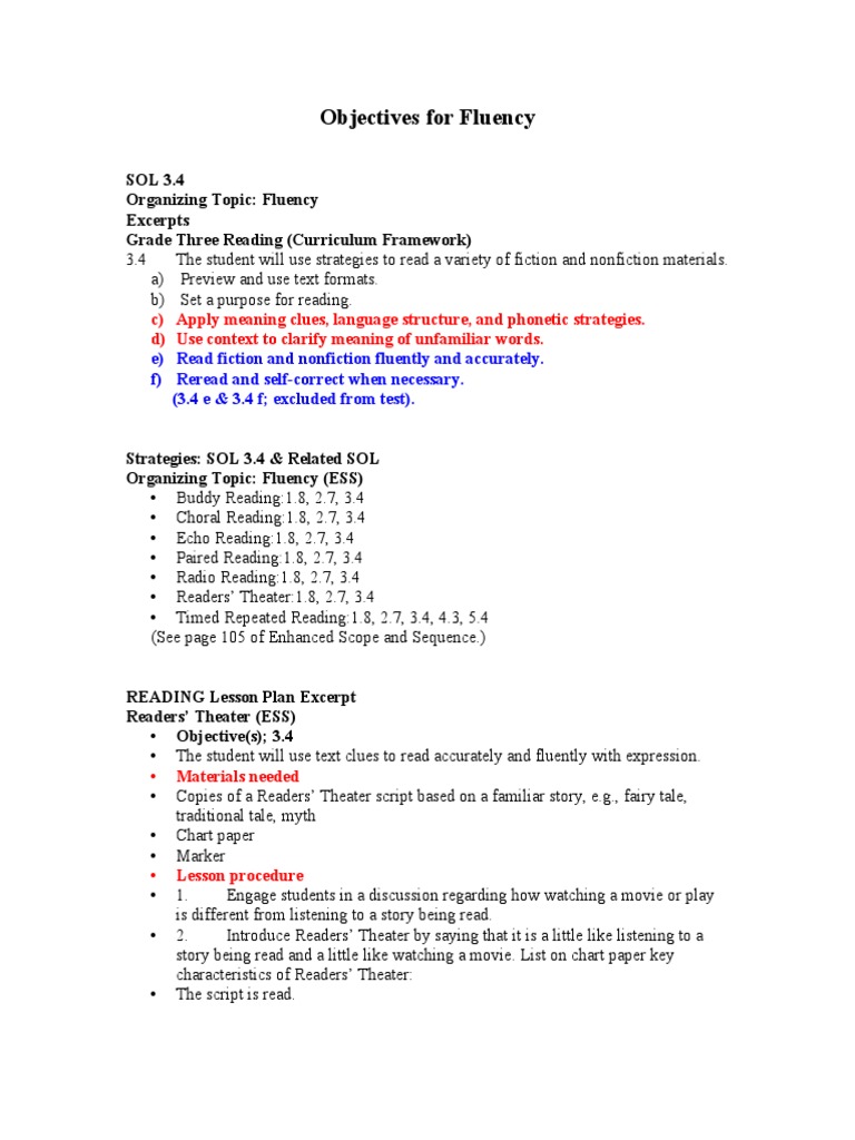 Objectives For Fluency | PDF | Lesson Plan | Reading Comprehension