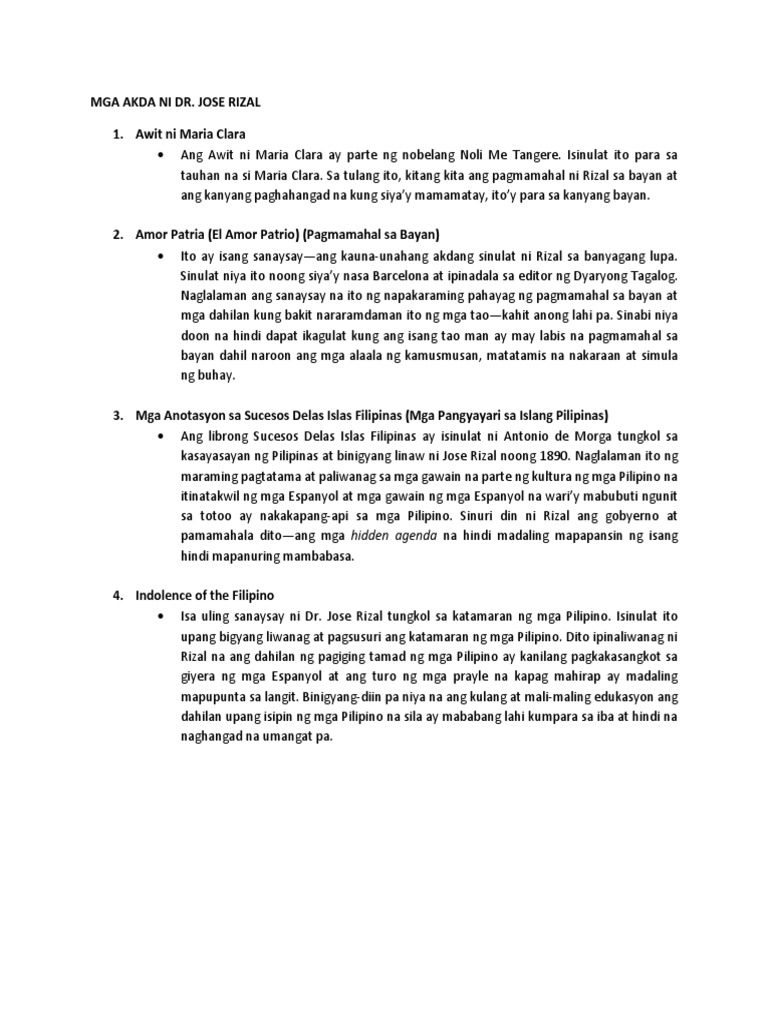 Mga Akda Ni Jose Rizal | PDF