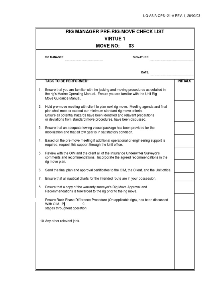 Department Pre Rig Move Checklists | Crane (Machine) | Electrical Connector