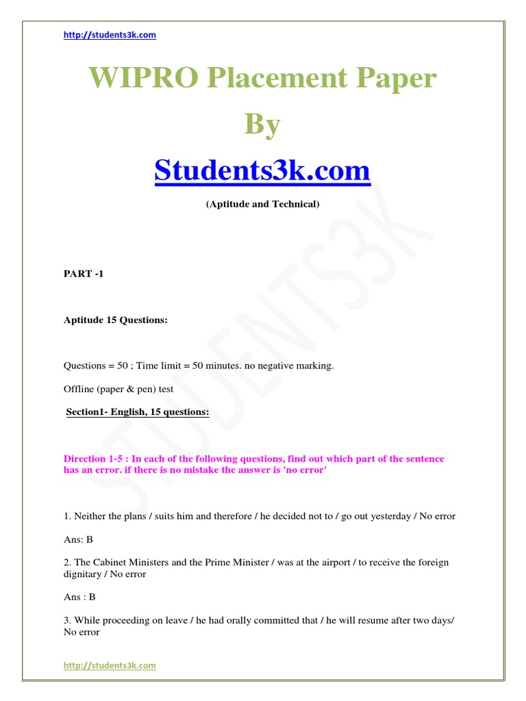 Wipro Sample Paper With Answers Pdf C Programming Language Bit 