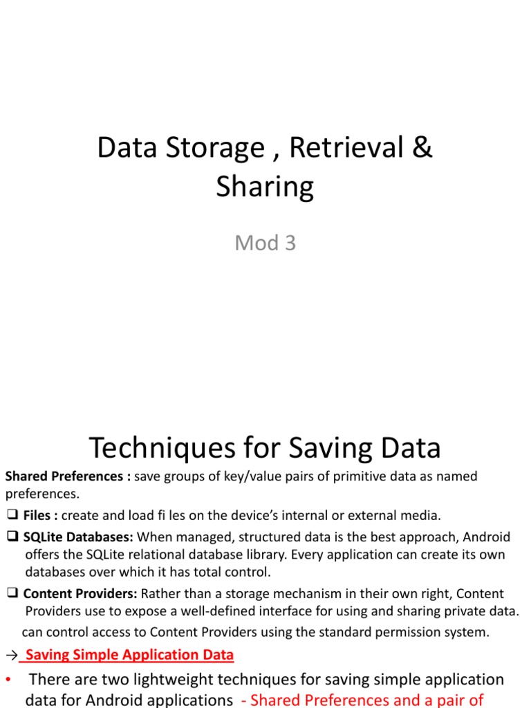 Android Data Storage, Retrieval & Sharing | PDF | Boolean Data Type ...