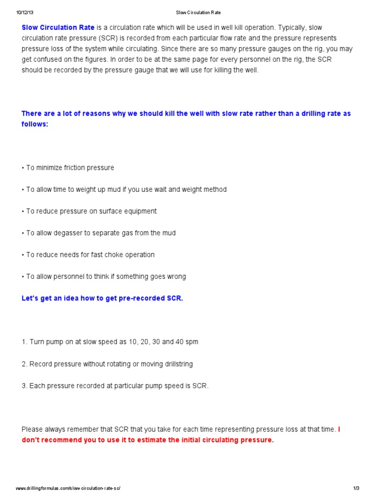 SCR-Slow Circulation Rate | PDF | Drilling Rig | Pressure