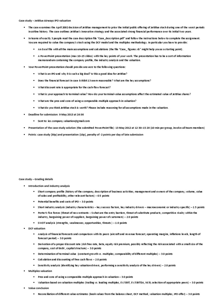 JetBlue IPO Valuation Case Study | PDF | Discounted Cash Flow | Valuation (Finance)