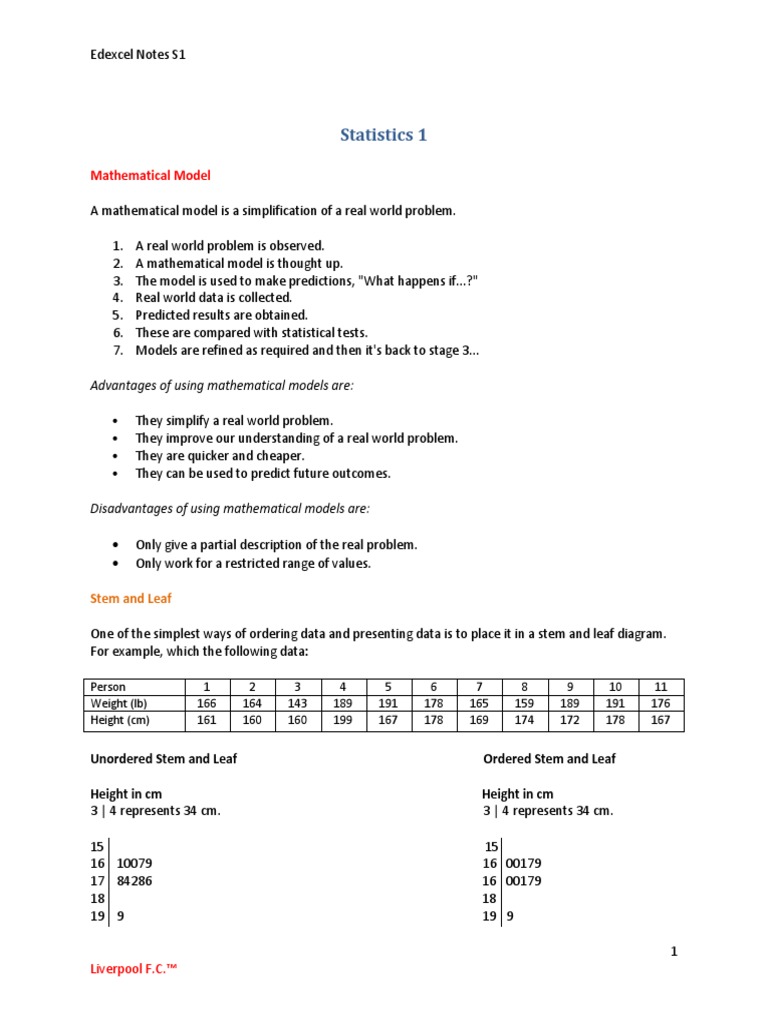 Statistics 1 - Notes | PDF | Probability Distribution | Random Variable