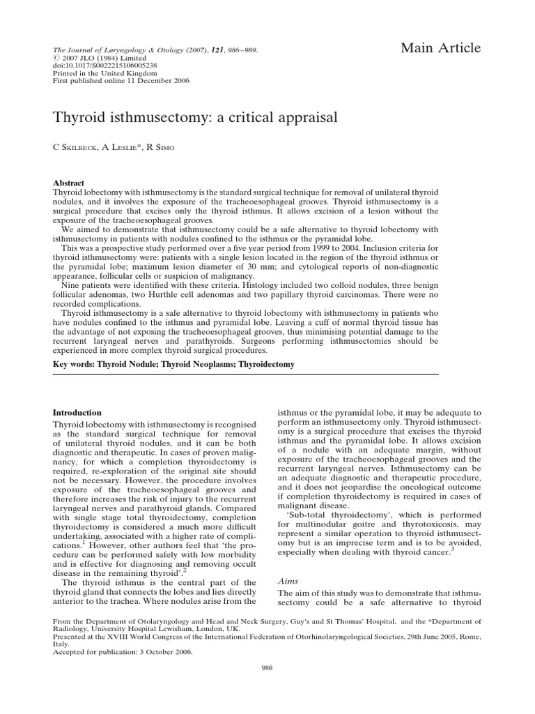 Thyroid Isthmusectomy - A Critical Appraisal | PDF | Thyroid | Adenoma